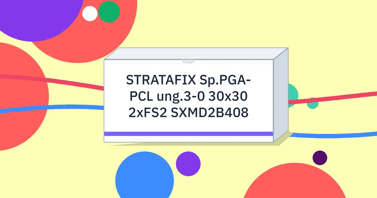 Symbolbild: Packung mit der Aufschrift STRATAFIX Sp.PGA-PCL ung.3-0 30x30 2xFS2 SXMD2B408 (PZN 20911235) – Verfügbarkeit und Bezug in Apotheken in Frankfurt am Main