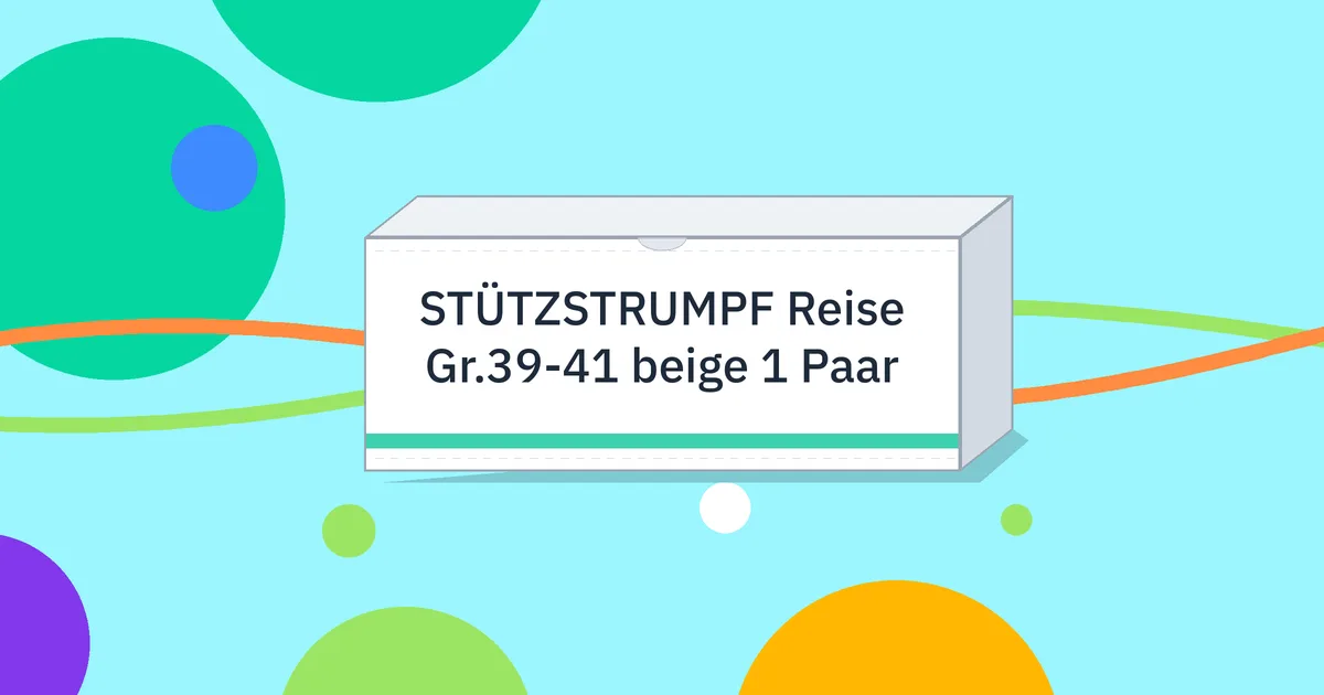 Symbolbild: Packung mit der Aufschrift STÜTZSTRUMPF Reise Gr.39-41 beige 1 Paar (PZN 16515203) – Verfügbarkeit und Bezug in Apotheken in Frankfurt am Main