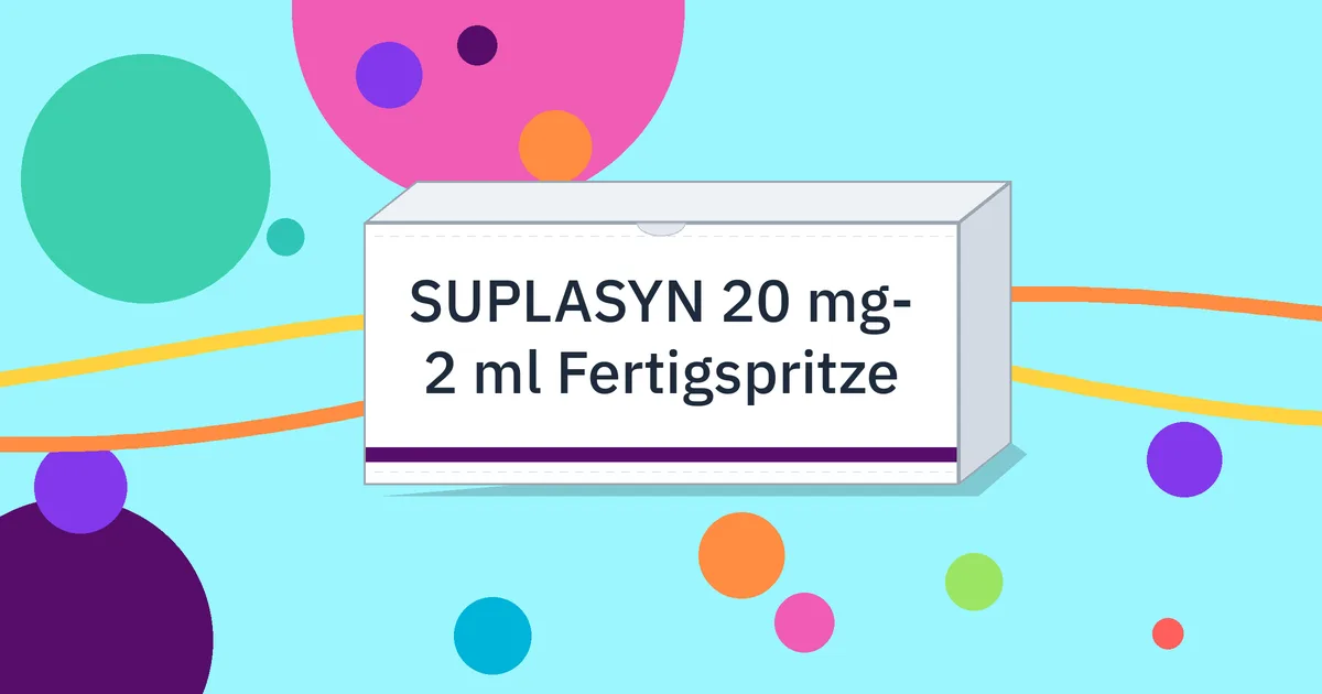 Symbolbild: Packung mit der Aufschrift SUPLASYN 20 mg-2 ml Fertigspritze (PZN 17978425) – Verfügbarkeit und Bezug in Apotheken in Frankfurt am Main