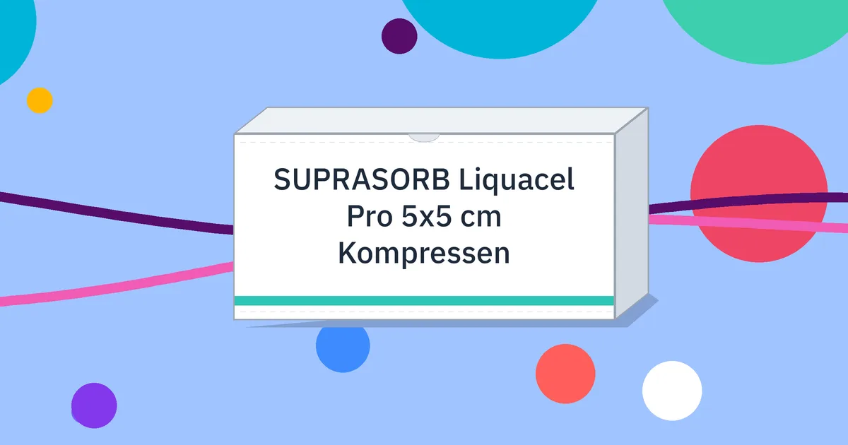 Symbolbild: Packung mit der Aufschrift SUPRASORB Liquacel Pro 5x5 cm Kompressen (PZN 10251186) – Verfügbarkeit und Bezug in Apotheken in Frankfurt am Main