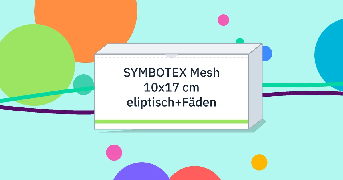 Symbolbild: Packung mit der Aufschrift SYMBOTEX Mesh 10x17 cm eliptisch+Fäden (PZN 10631109) – Verfügbarkeit und Bezug in Apotheken in Frankfurt am Main