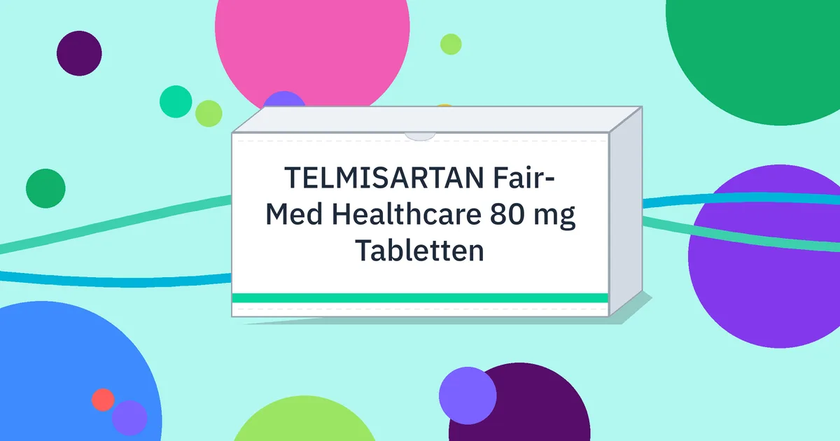 Symbolbild: Packung mit der Aufschrift TELMISARTAN Fair-Med Healthcare 80 mg Tabletten (PZN 14321682) – Verfügbarkeit und Bezug in Apotheken in Frankfurt am Main