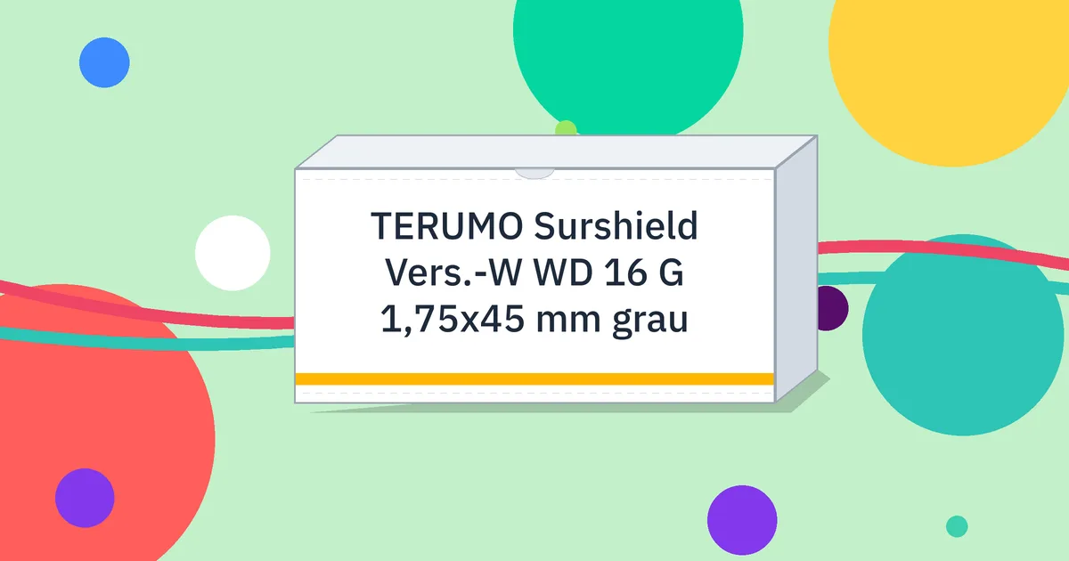 Symbolbild: Packung mit der Aufschrift TERUMO Surshield Vers.-W WD 16 G 1,75x45 mm grau (PZN 17630691) – Verfügbarkeit und Bezug in Apotheken in Frankfurt am Main