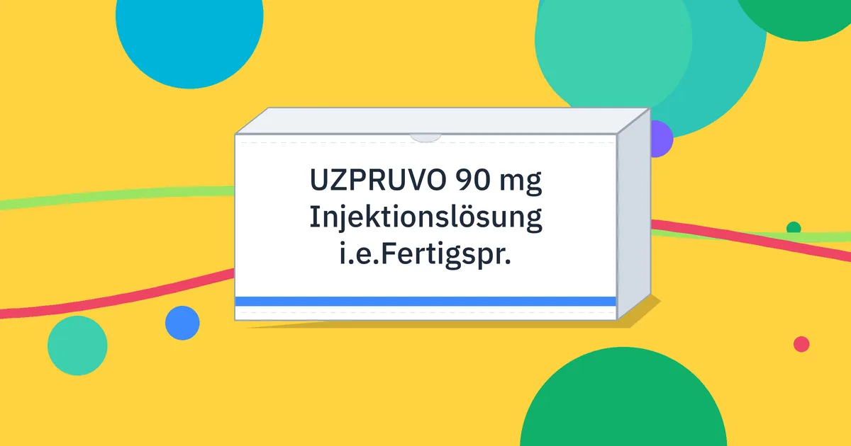 Symbolbild: Packung mit der Aufschrift UZPRUVO 90 mg Injektionslösung i.e.Fertigspr. (PZN 20210202) – Verfügbarkeit und Bezug in Apotheken in Frankfurt am Main