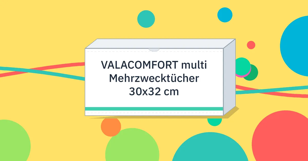 Symbolbild: Packung mit der Aufschrift VALACOMFORT multi Mehrzwecktücher 30x32 cm (PZN 18495717) – Verfügbarkeit und Bezug in Apotheken in Frankfurt am Main