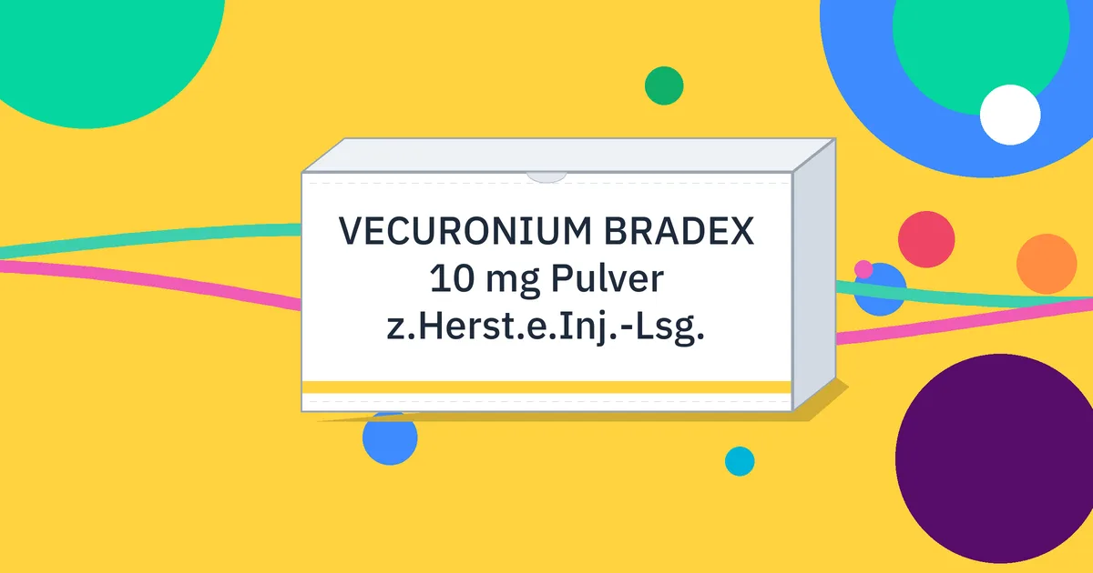 Symbolbild: Packung mit der Aufschrift VECURONIUM BRADEX 10 mg Pulver z.Herst.e.Inj.-Lsg. (PZN 12443889) – Verfügbarkeit und Bezug in Apotheken in Frankfurt am Main