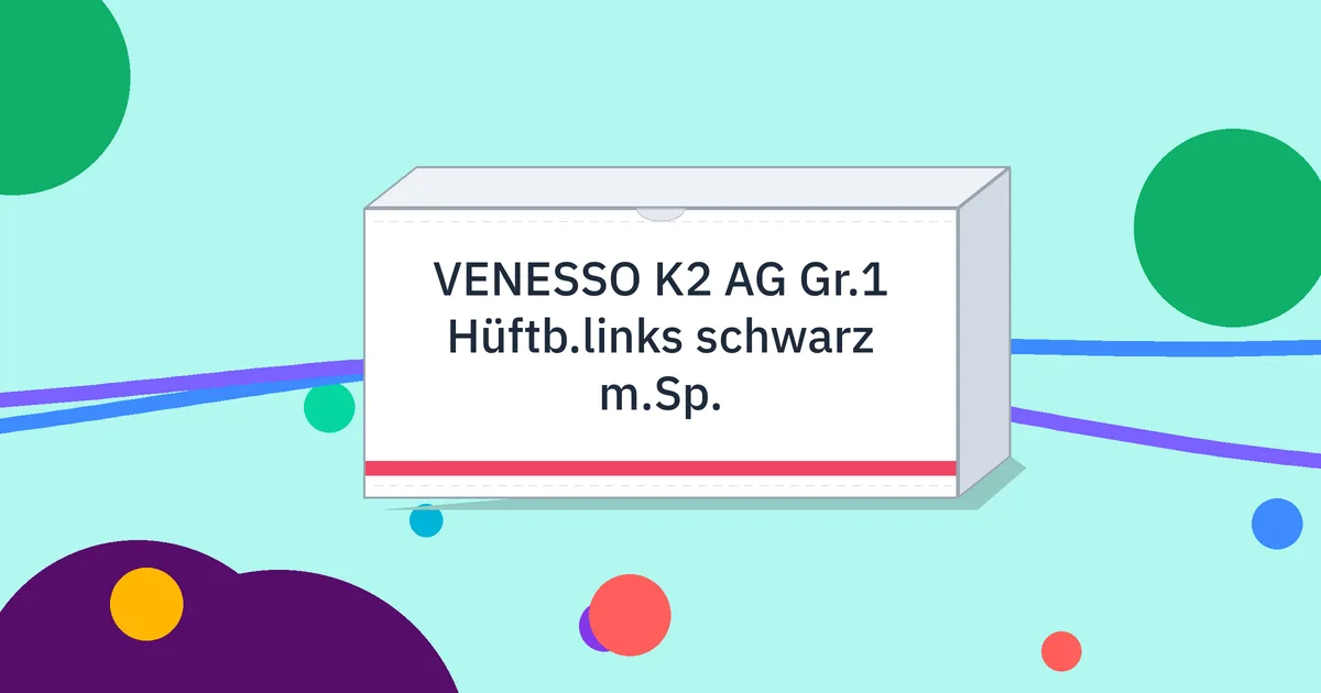 Symbolbild: Packung mit der Aufschrift VENESSO K2 AG Gr.1 Hüftb.links schwarz m.Sp. (PZN 03266282) – Verfügbarkeit und Bezug in Apotheken in Frankfurt am Main