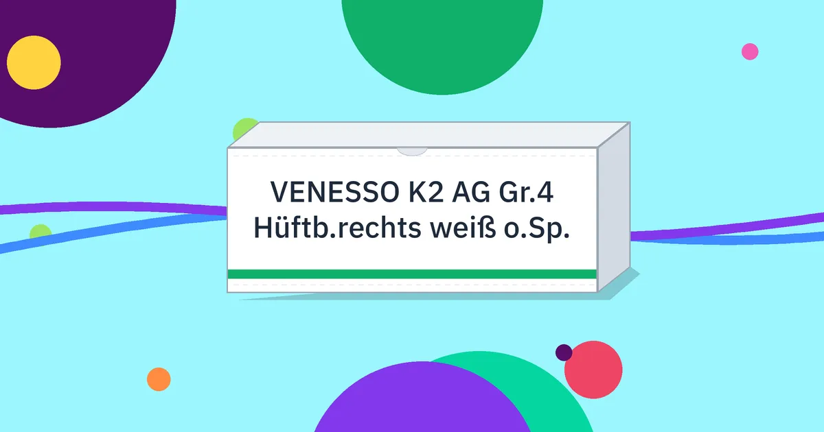 Symbolbild: Packung mit der Aufschrift VENESSO K2 AG Gr.4 Hüftb.rechts weiß o.Sp. (PZN 03271998) – Verfügbarkeit und Bezug in Apotheken in Frankfurt am Main