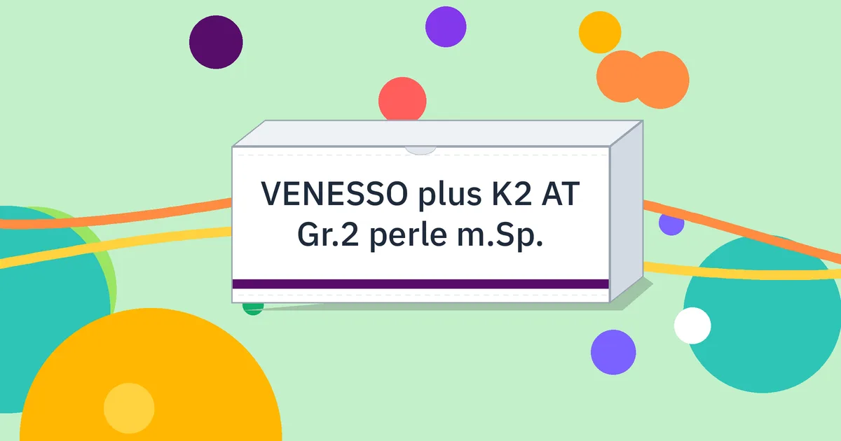 Symbolbild: Packung mit der Aufschrift VENESSO plus K2 AT Gr.2 perle m.Sp. (PZN 03285894) – Verfügbarkeit und Bezug in Apotheken in Frankfurt am Main