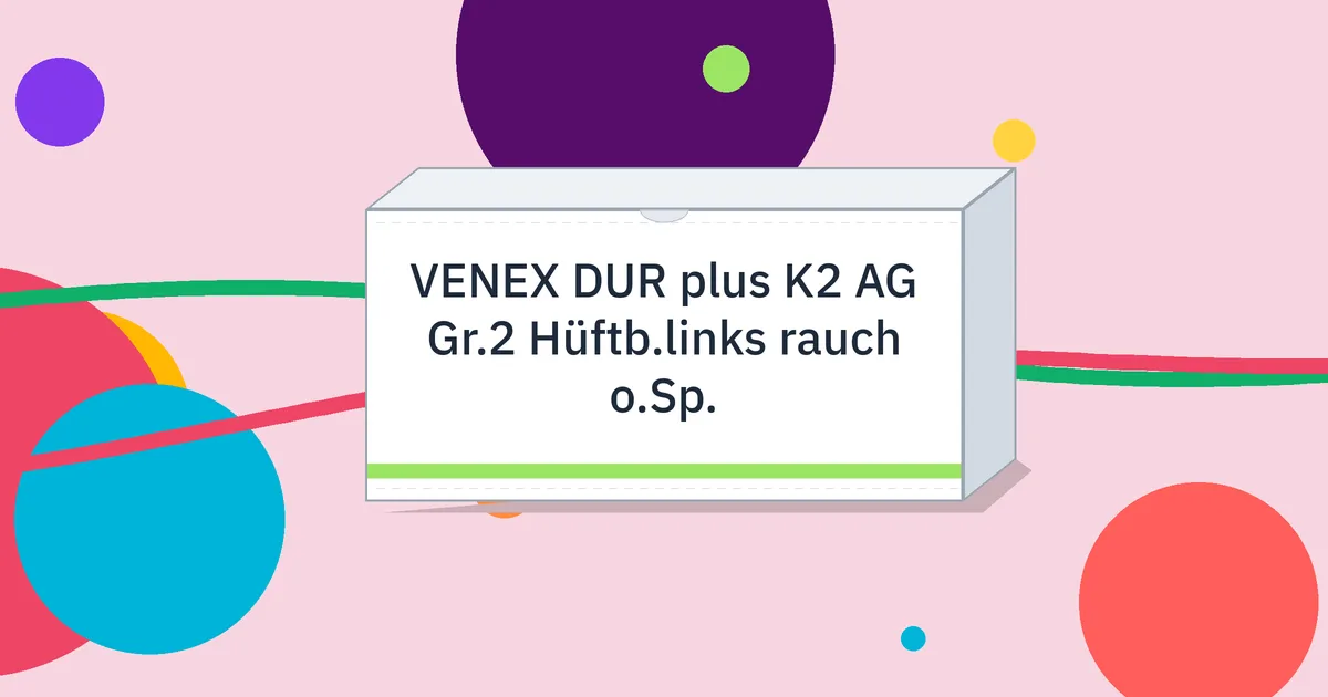 Symbolbild: Packung mit der Aufschrift VENEX DUR plus K2 AG Gr.2 Hüftb.links rauch o.Sp. (PZN 03239492) – Verfügbarkeit und Bezug in Apotheken in Frankfurt am Main