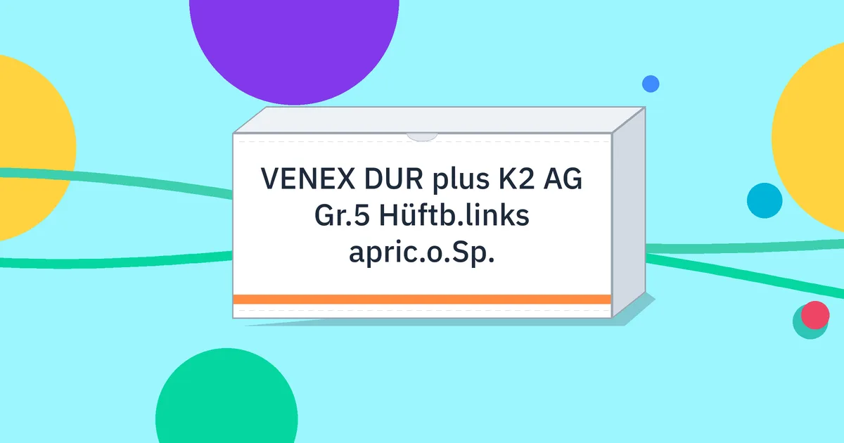 Symbolbild: Packung mit der Aufschrift VENEX DUR plus K2 AG Gr.5 Hüftb.links apric.o.Sp. (PZN 03242241) – Verfügbarkeit und Bezug in Apotheken in Frankfurt am Main