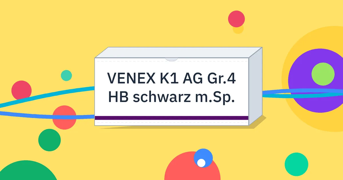Symbolbild: Packung mit der Aufschrift VENEX K1 AG Gr.4 HB schwarz m.Sp. (PZN 03192402) – Verfügbarkeit und Bezug in Apotheken in Frankfurt am Main
