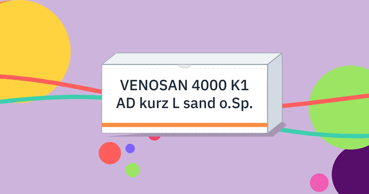 Symbolbild: Packung mit der Aufschrift VENOSAN 4000 K1 AD kurz L sand o.Sp. (PZN 14421834) – Verfügbarkeit und Bezug in Apotheken in Frankfurt am Main