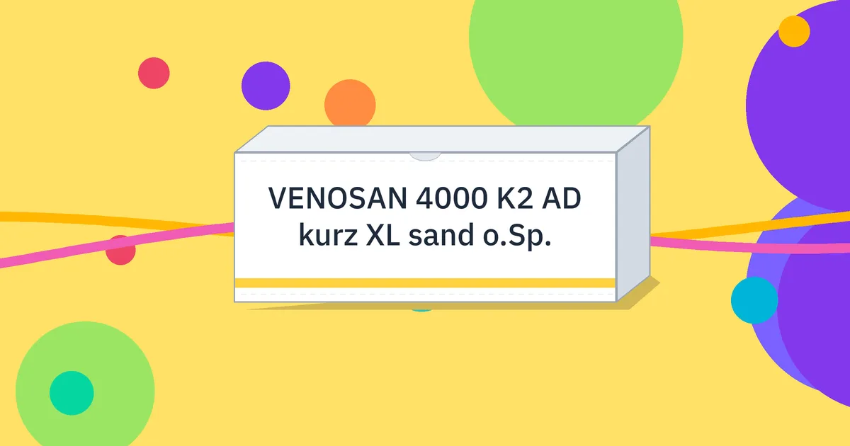 Symbolbild: Packung mit der Aufschrift VENOSAN 4000 K2 AD kurz XL sand o.Sp. (PZN 14422443) – Verfügbarkeit und Bezug in Apotheken in Frankfurt am Main