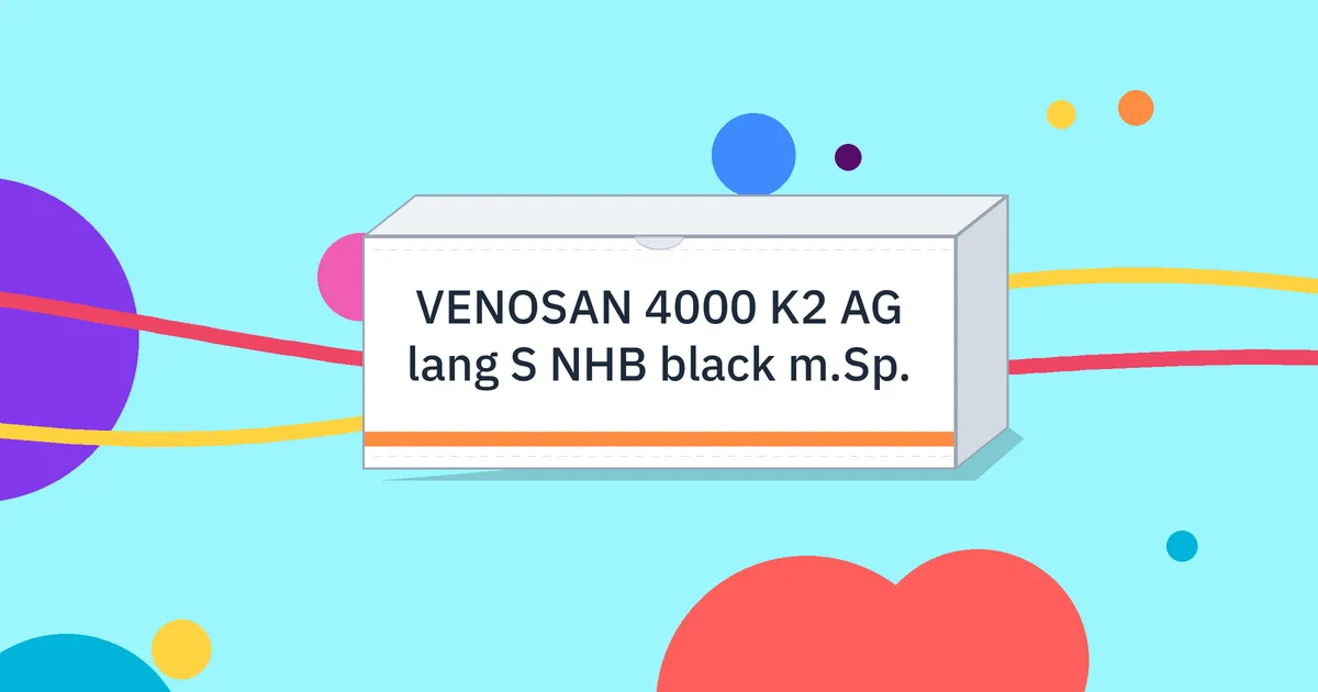 Symbolbild: Packung mit der Aufschrift VENOSAN 4000 K2 AG lang S NHB black m.Sp. (PZN 14427788) – Verfügbarkeit und Bezug in Apotheken in Frankfurt am Main