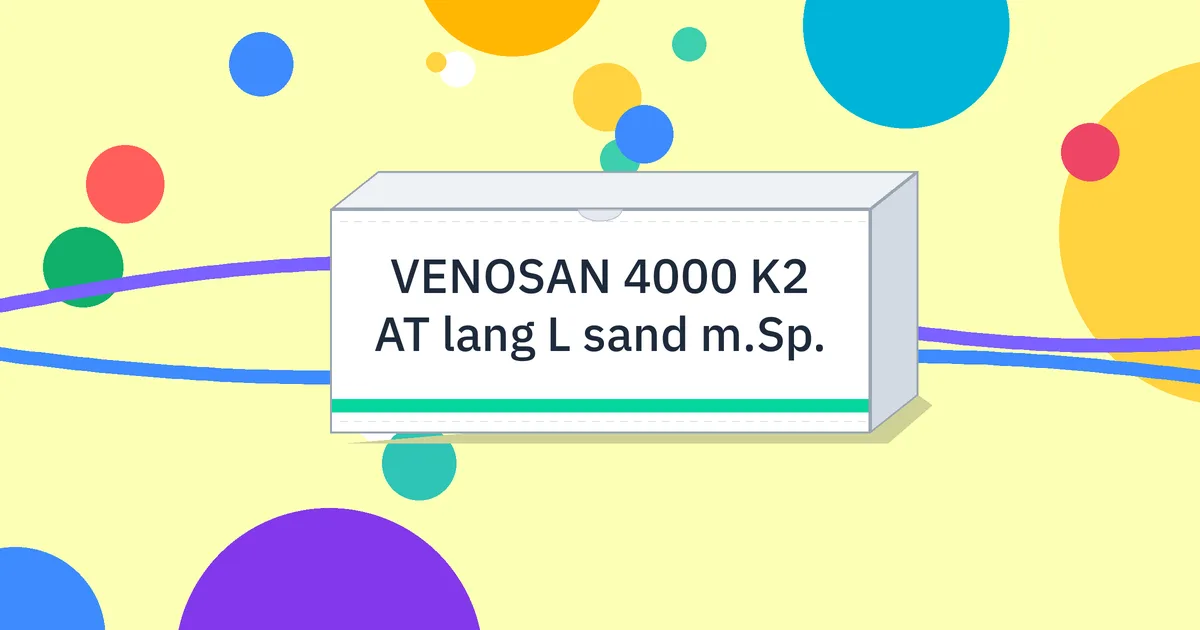 Symbolbild: Packung mit der Aufschrift VENOSAN 4000 K2 AT lang L sand m.Sp. (PZN 14422532) – Verfügbarkeit und Bezug in Apotheken in Frankfurt am Main