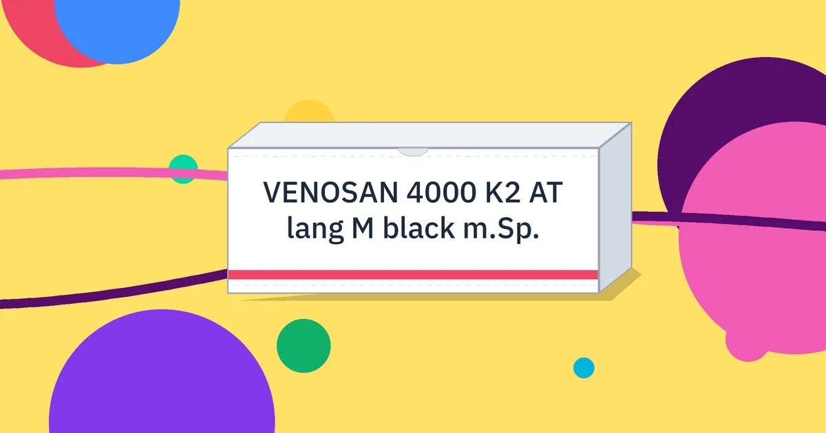 Symbolbild: Packung mit der Aufschrift VENOSAN 4000 K2 AT lang M black m.Sp. (PZN 14427512) – Verfügbarkeit und Bezug in Apotheken in Frankfurt am Main
