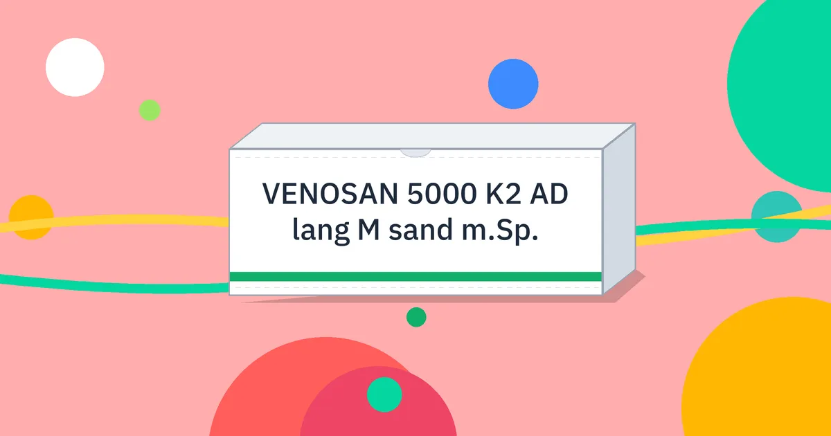 Symbolbild: Packung mit der Aufschrift VENOSAN 5000 K2 AD lang M sand m.Sp. (PZN 14428569) – Verfügbarkeit und Bezug in Apotheken in Frankfurt am Main
