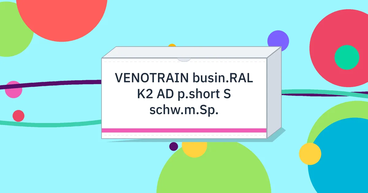 Symbolbild: Packung mit der Aufschrift VENOTRAIN busin.RAL K2 AD p.short S schw.m.Sp. (PZN 06949596) – Verfügbarkeit und Bezug in Apotheken in Frankfurt am Main