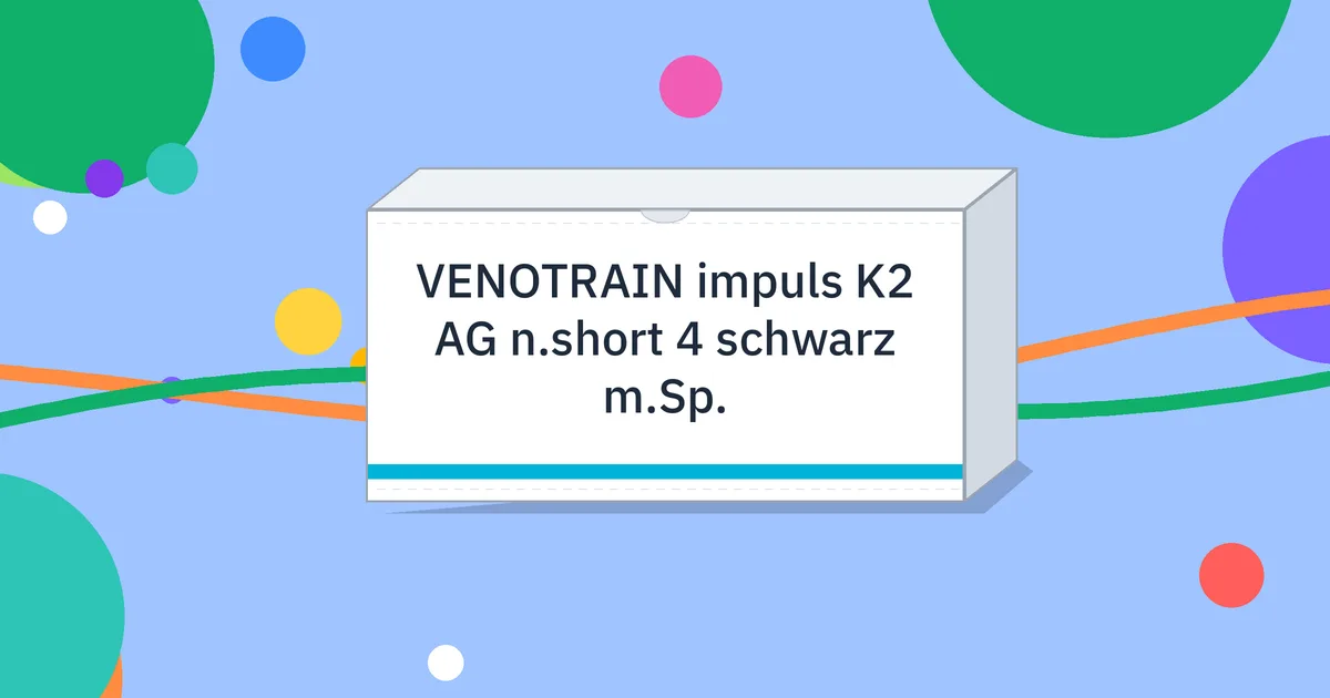 Symbolbild: Packung mit der Aufschrift VENOTRAIN impuls K2 AG n.short 4 schwarz m.Sp. (PZN 00493818) – Verfügbarkeit und Bezug in Apotheken in Frankfurt am Main