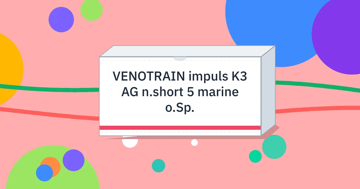 Symbolbild: Packung mit der Aufschrift VENOTRAIN impuls K3 AG n.short 5 marine o.Sp. (PZN 15213144) – Verfügbarkeit und Bezug in Apotheken in Frankfurt am Main