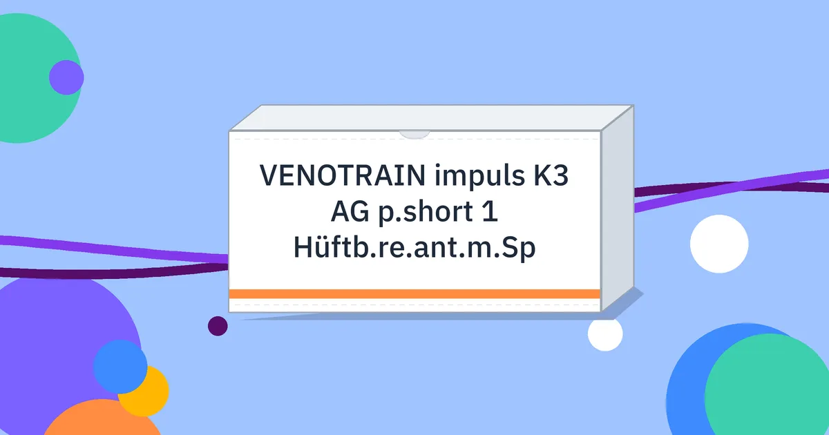 Symbolbild: Packung mit der Aufschrift VENOTRAIN impuls K3 AG p.short 1 Hüftb.re.ant.m.Sp (PZN 15218265) – Verfügbarkeit und Bezug in Apotheken in Frankfurt am Main
