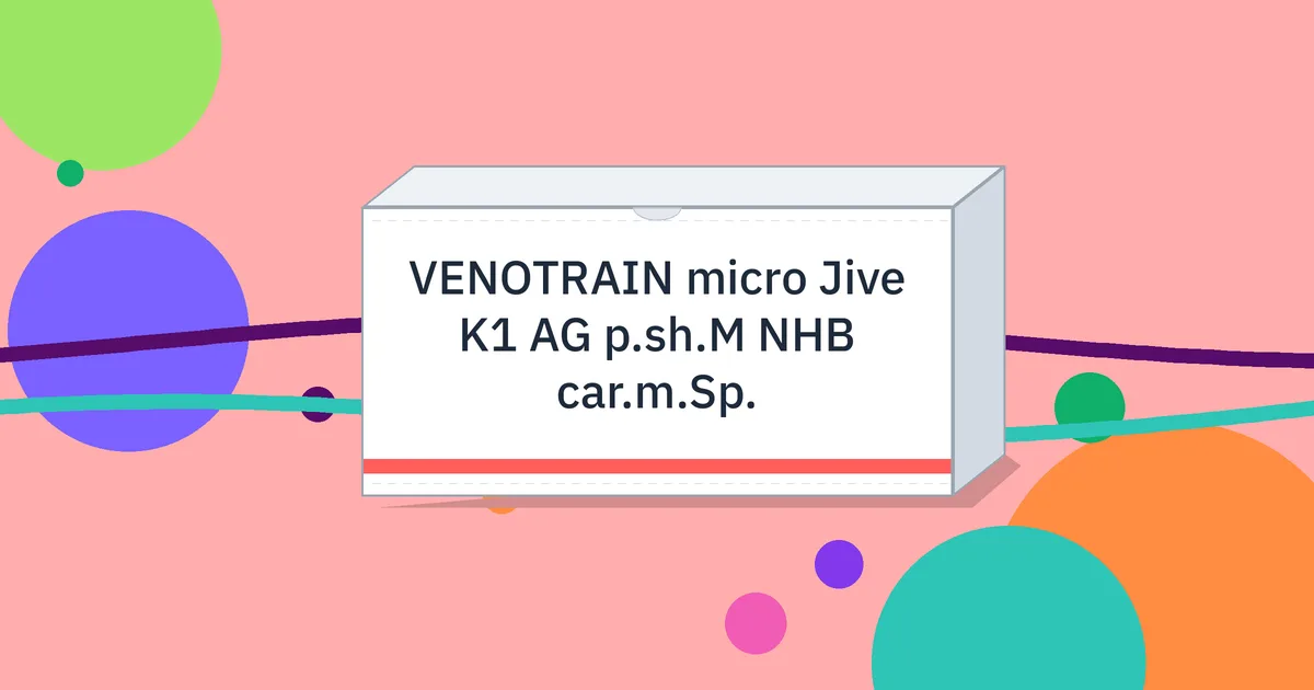 Symbolbild: Packung mit der Aufschrift VENOTRAIN micro Jive K1 AG p.sh.M NHB car.m.Sp. (PZN 17764204) – Verfügbarkeit und Bezug in Apotheken in Frankfurt am Main