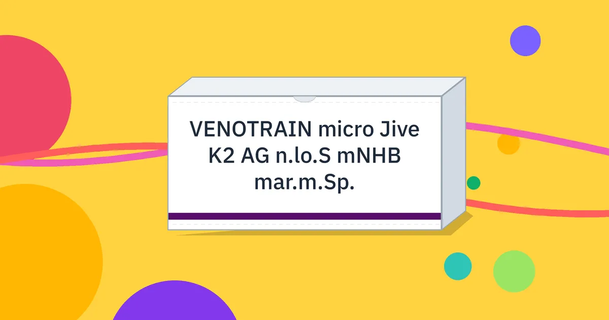 Symbolbild: Packung mit der Aufschrift VENOTRAIN micro Jive K2 AG n.lo.S mNHB mar.m.Sp. (PZN 17761996) – Verfügbarkeit und Bezug in Apotheken in Frankfurt am Main