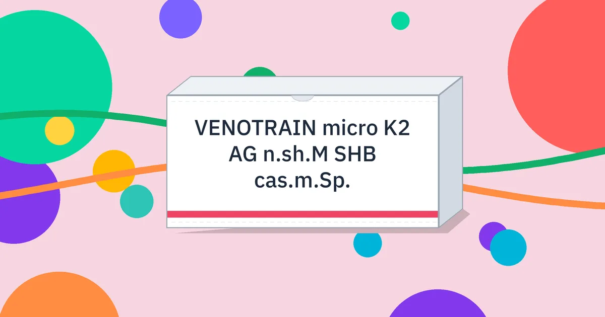 Symbolbild: Packung mit der Aufschrift VENOTRAIN micro K2 AG n.sh.M SHB cas.m.Sp. (PZN 20760003) – Verfügbarkeit und Bezug in Apotheken in Frankfurt am Main