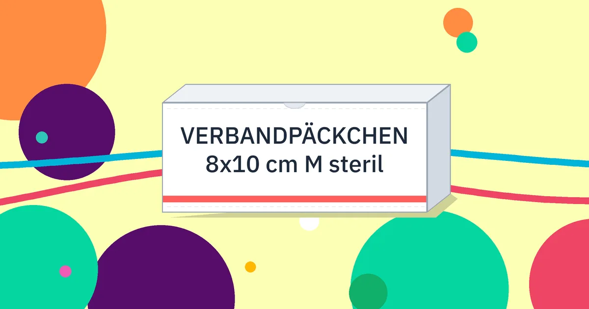 Symbolbild: Packung mit der Aufschrift VERBANDPÄCKCHEN 8x10 cm M steril (PZN 03160810) – Verfügbarkeit und Bezug in Apotheken in Frankfurt am Main