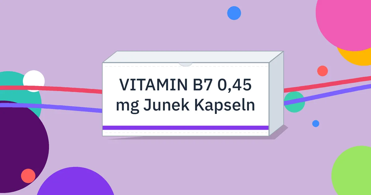 Symbolbild: Packung mit der Aufschrift VITAMIN B7 0,45 mg Junek Kapseln (PZN 07084247) – Verfügbarkeit und Bezug in Apotheken in Frankfurt am Main