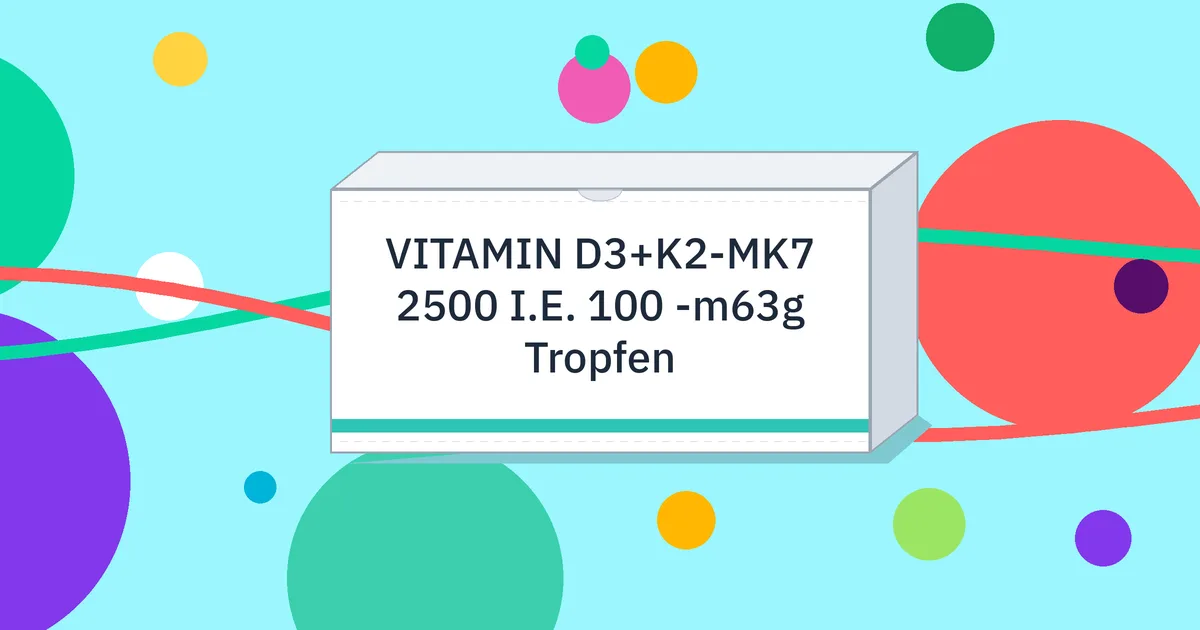 Symbolbild: Packung mit der Aufschrift VITAMIN D3+K2-MK7 2500 I.E. 100 -m63g Tropfen (PZN 19290762) – Verfügbarkeit und Bezug in Apotheken in Frankfurt am Main