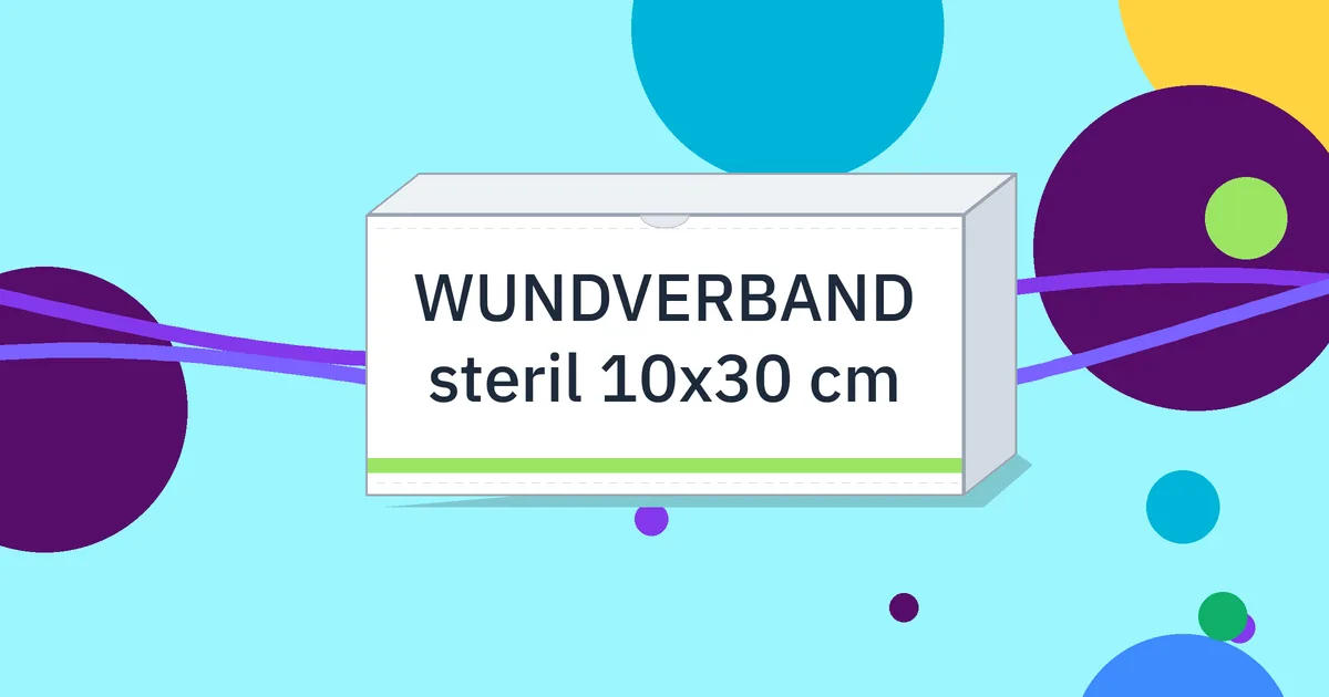 Symbolbild: Packung mit der Aufschrift WUNDVERBAND steril 10x30 cm (PZN 19813734) – Verfügbarkeit und Bezug in Apotheken in Frankfurt am Main