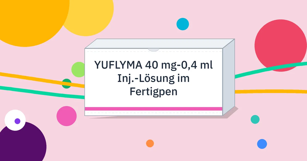 Symbolbild: Packung mit der Aufschrift YUFLYMA 40 mg-0,4 ml Inj.-Lösung im Fertigpen (PZN 16847709) – Verfügbarkeit und Bezug in Apotheken in Frankfurt am Main