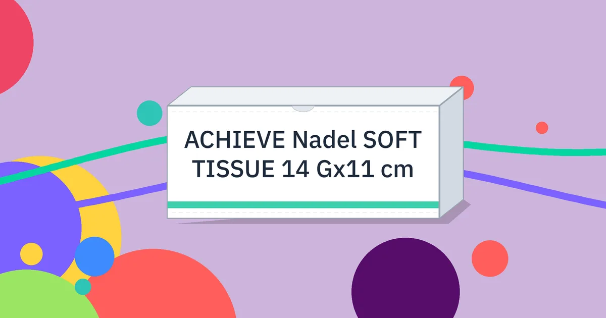 Symbolbild: Packung mit der Aufschrift ACHIEVE Nadel SOFT TISSUE 14 Gx11 cm (PZN 18763365) – Verfügbarkeit und Bezug in Apotheken in Frankfurt am Main