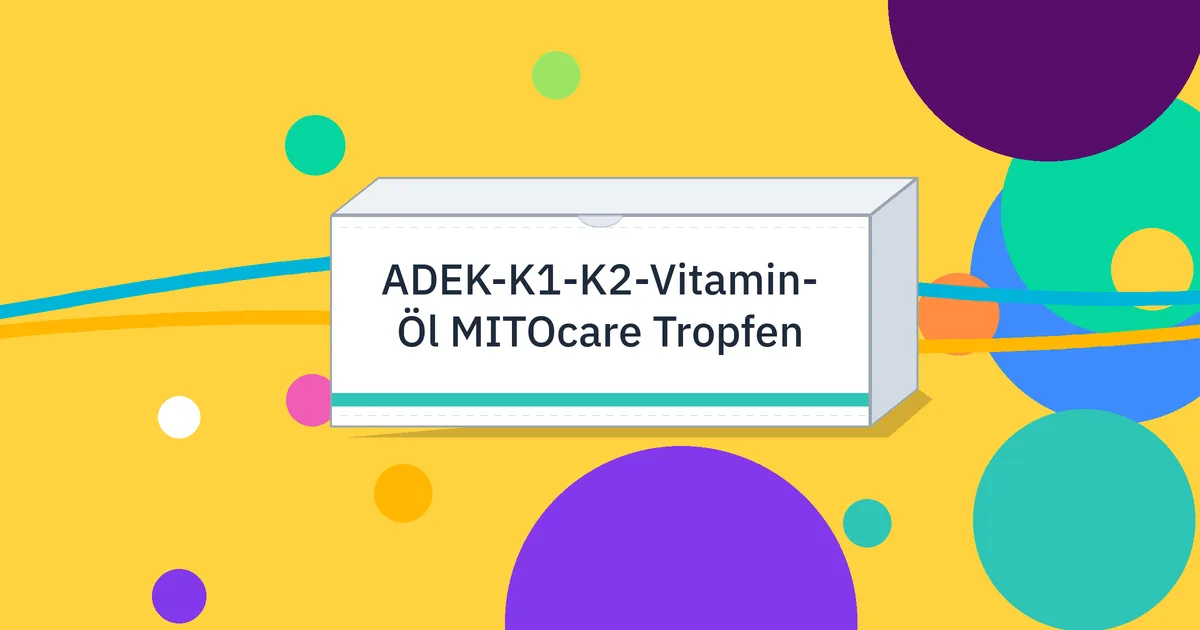 Symbolbild: Packung mit der Aufschrift ADEK-K1-K2-Vitamin-Öl MITOcare Tropfen (PZN 19853834) – Verfügbarkeit und Bezug in Apotheken in Frankfurt am Main