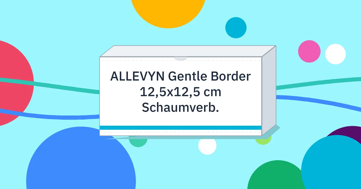 Symbolbild: Packung mit der Aufschrift ALLEVYN Gentle Border 12,5x12,5 cm Schaumverb. (PZN 19698078) – Verfügbarkeit und Bezug in Apotheken in Frankfurt am Main