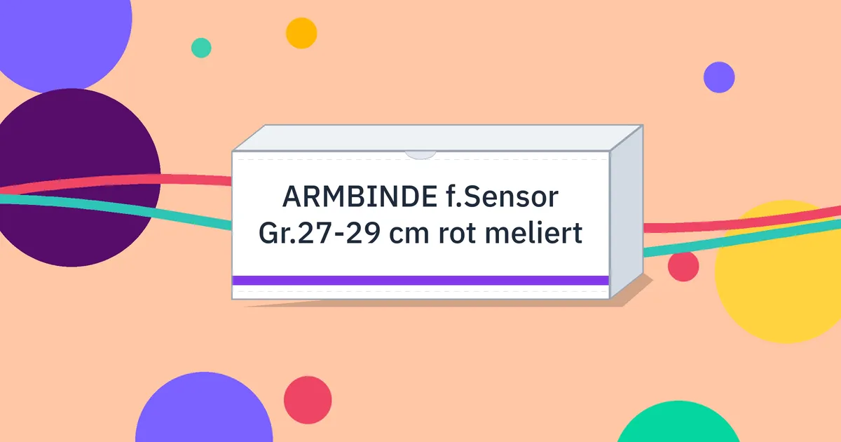 Symbolbild: Packung mit der Aufschrift ARMBINDE f.Sensor Gr.27-29 cm rot meliert (PZN 13917450) – Verfügbarkeit und Bezug in Apotheken in Frankfurt am Main