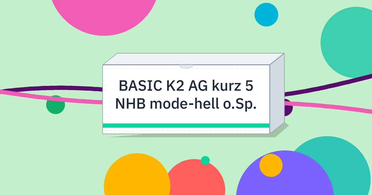 Symbolbild: Packung mit der Aufschrift BASIC K2 AG kurz 5 NHB mode-hell o.Sp. (PZN 20267998) – Verfügbarkeit und Bezug in Apotheken in Frankfurt am Main