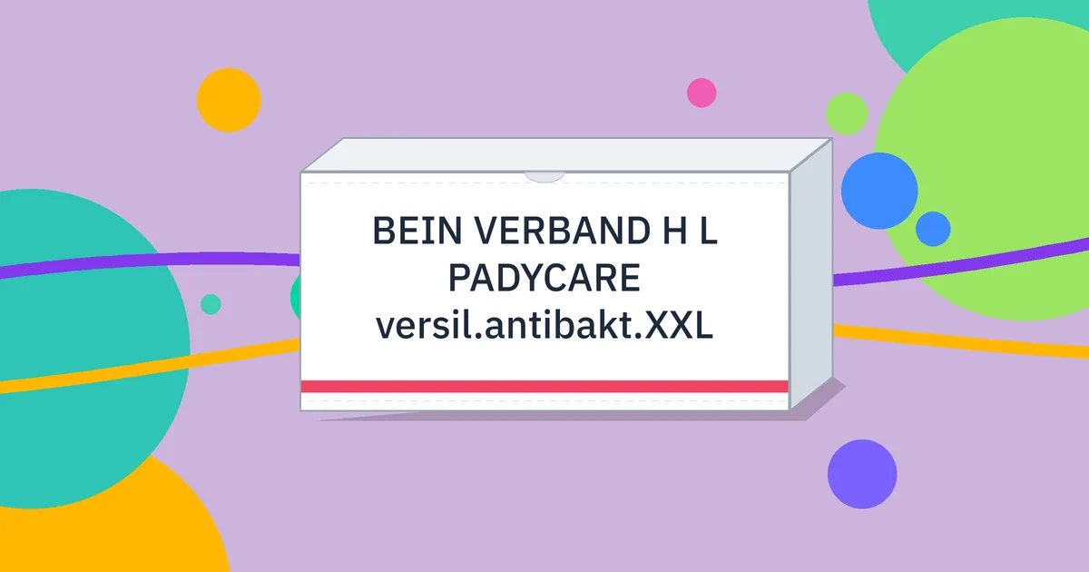Symbolbild: Packung mit der Aufschrift BEIN VERBAND H L PADYCARE versil.antibakt.XXL (PZN 10939310) – Verfügbarkeit und Bezug in Apotheken in Frankfurt am Main