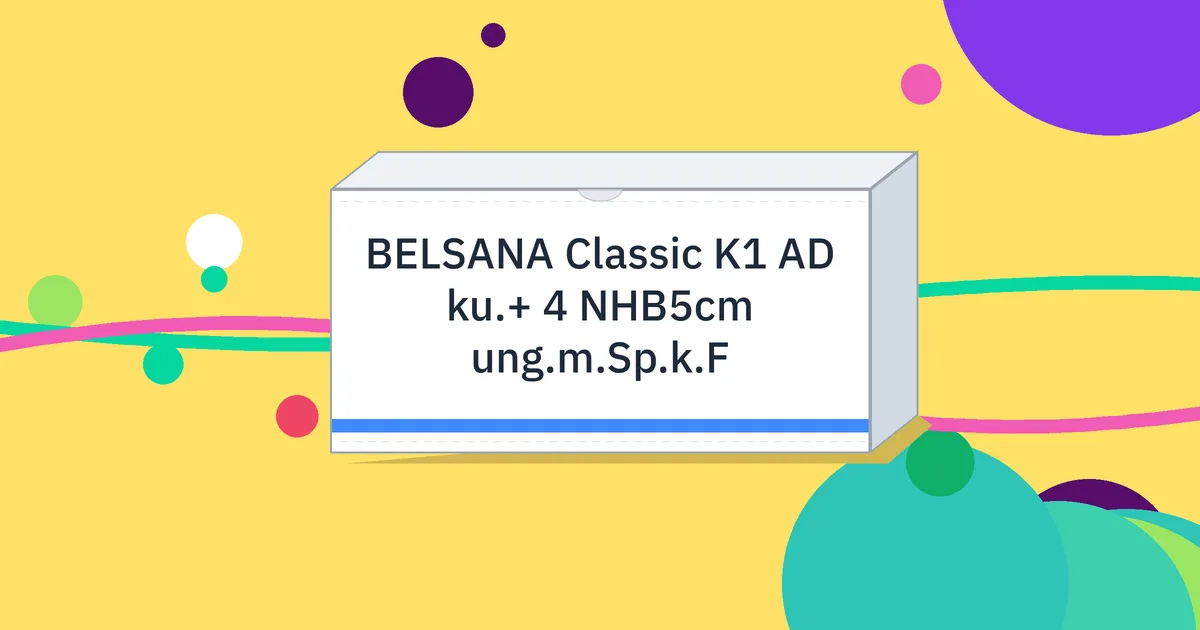 Symbolbild: Packung mit der Aufschrift BELSANA Classic K1 AD ku.+ 4 NHB5cm ung.m.Sp.k.F (PZN 19256363) – Verfügbarkeit und Bezug in Apotheken in Frankfurt am Main