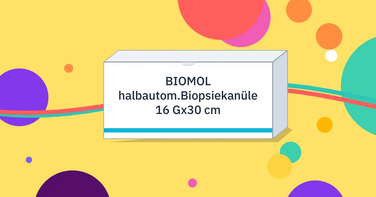 Symbolbild: Packung mit der Aufschrift BIOMOL halbautom.Biopsiekanüle 16 Gx30 cm (PZN 06123703) – Verfügbarkeit und Bezug in Apotheken in Frankfurt am Main