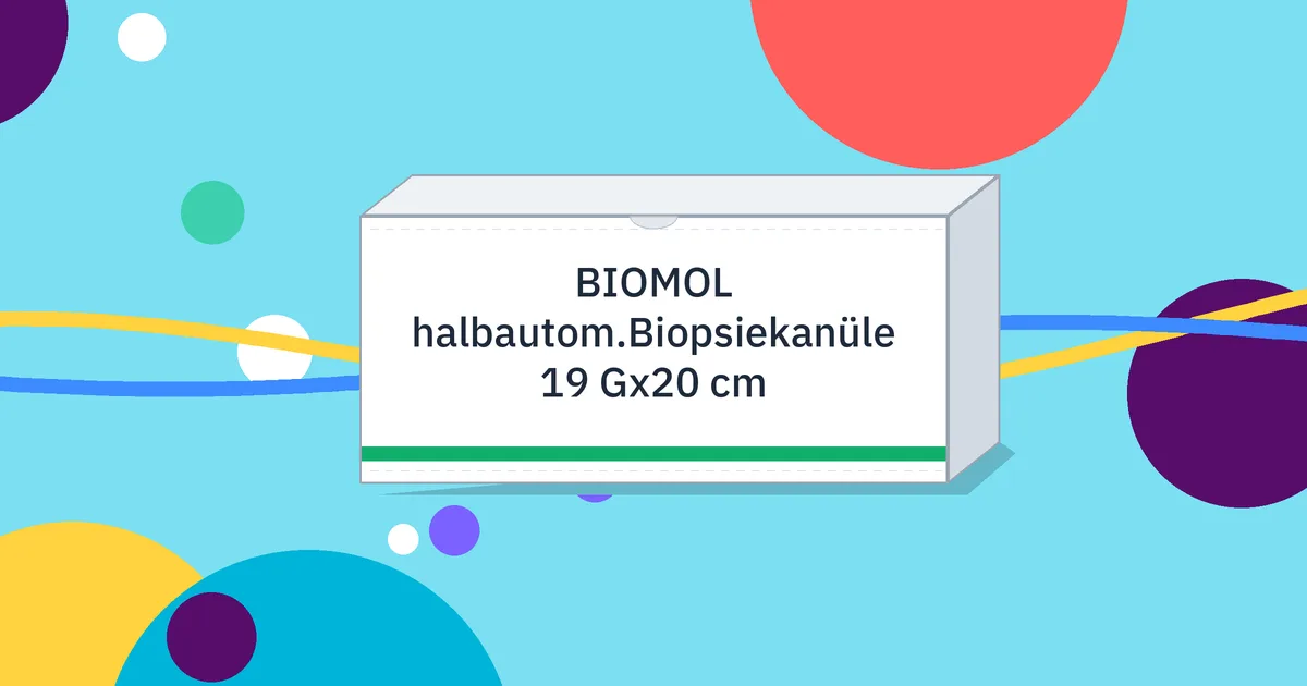 Symbolbild: Packung mit der Aufschrift BIOMOL halbautom.Biopsiekanüle 19 Gx20 cm (PZN 06123815) – Verfügbarkeit und Bezug in Apotheken in Frankfurt am Main