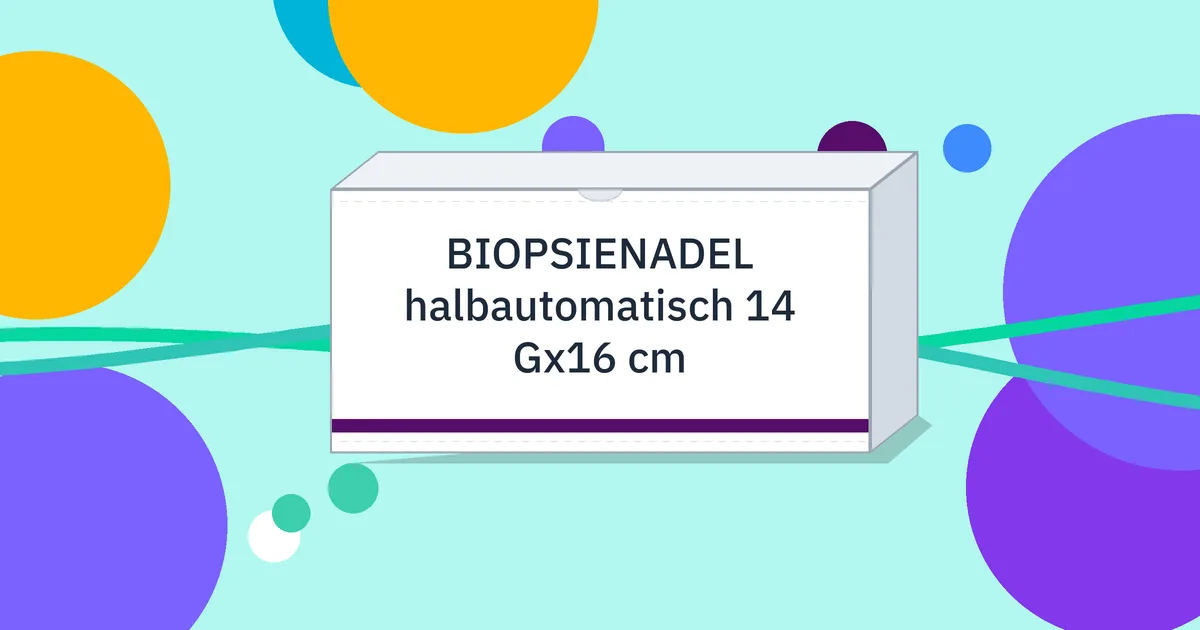 Symbolbild: Packung mit der Aufschrift BIOPSIENADEL halbautomatisch 14 Gx16 cm (PZN 19529559) – Verfügbarkeit und Bezug in Apotheken in Frankfurt am Main