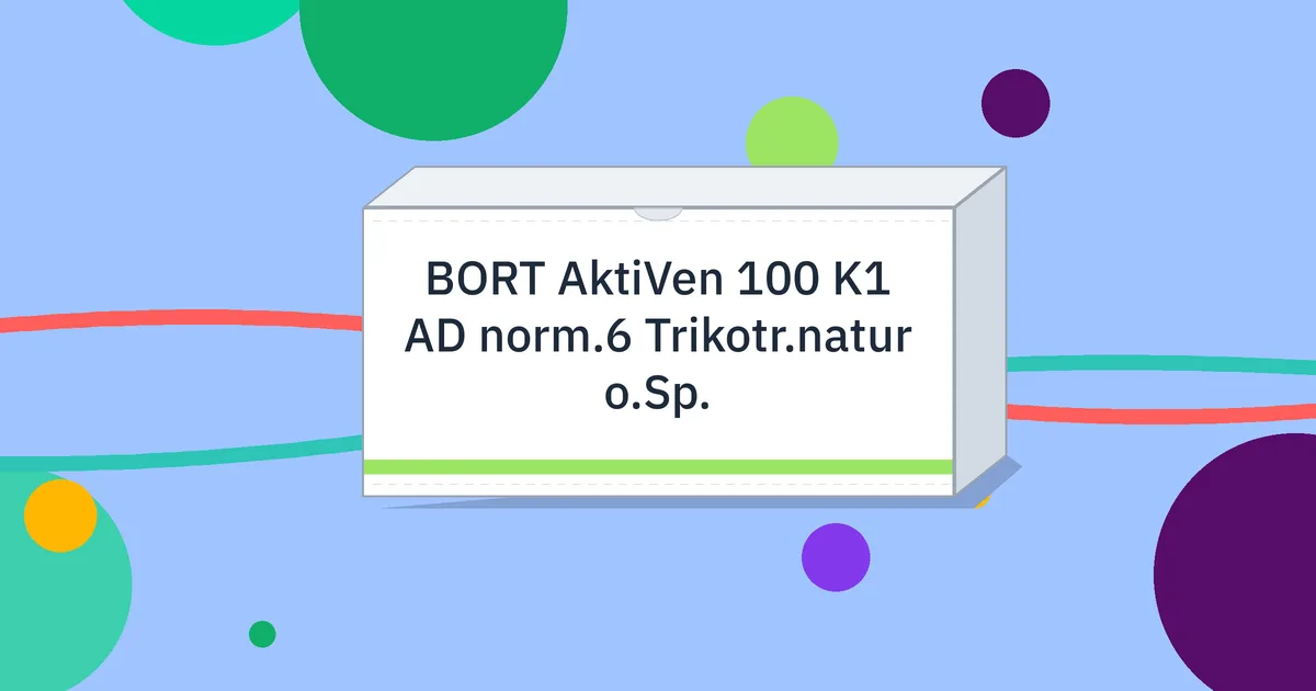 Symbolbild: Packung mit der Aufschrift BORT AktiVen 100 K1 AD norm.6 Trikotr.natur o.Sp. (PZN 13726000) – Verfügbarkeit und Bezug in Apotheken in Frankfurt am Main