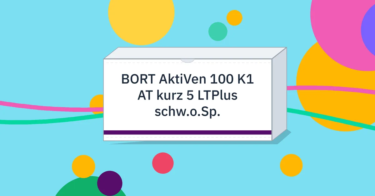 Symbolbild: Packung mit der Aufschrift BORT AktiVen 100 K1 AT kurz 5 LTPlus schw.o.Sp. (PZN 18175817) – Verfügbarkeit und Bezug in Apotheken in Frankfurt am Main