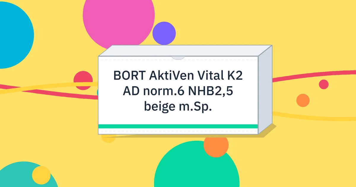 Symbolbild: Packung mit der Aufschrift BORT AktiVen Vital K2 AD norm.6 NHB2,5 beige m.Sp. (PZN 17499110) – Verfügbarkeit und Bezug in Apotheken in Frankfurt am Main