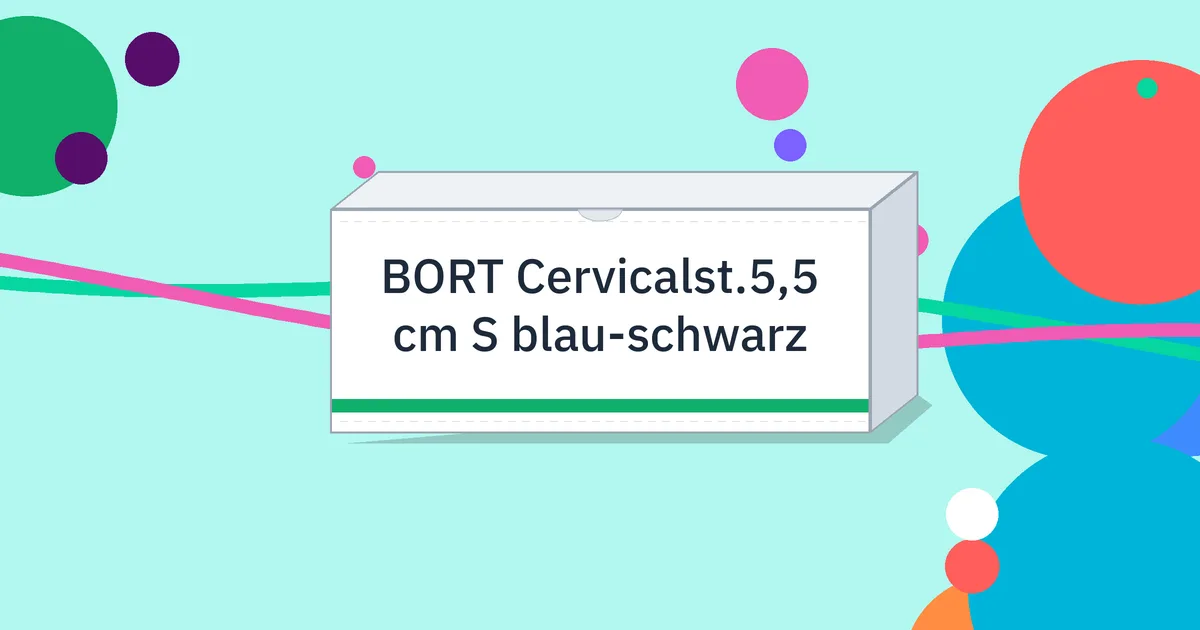 Symbolbild: Packung mit der Aufschrift BORT Cervicalst.5,5 cm S blau-schwarz (PZN 10206978) – Verfügbarkeit und Bezug in Apotheken in Frankfurt am Main