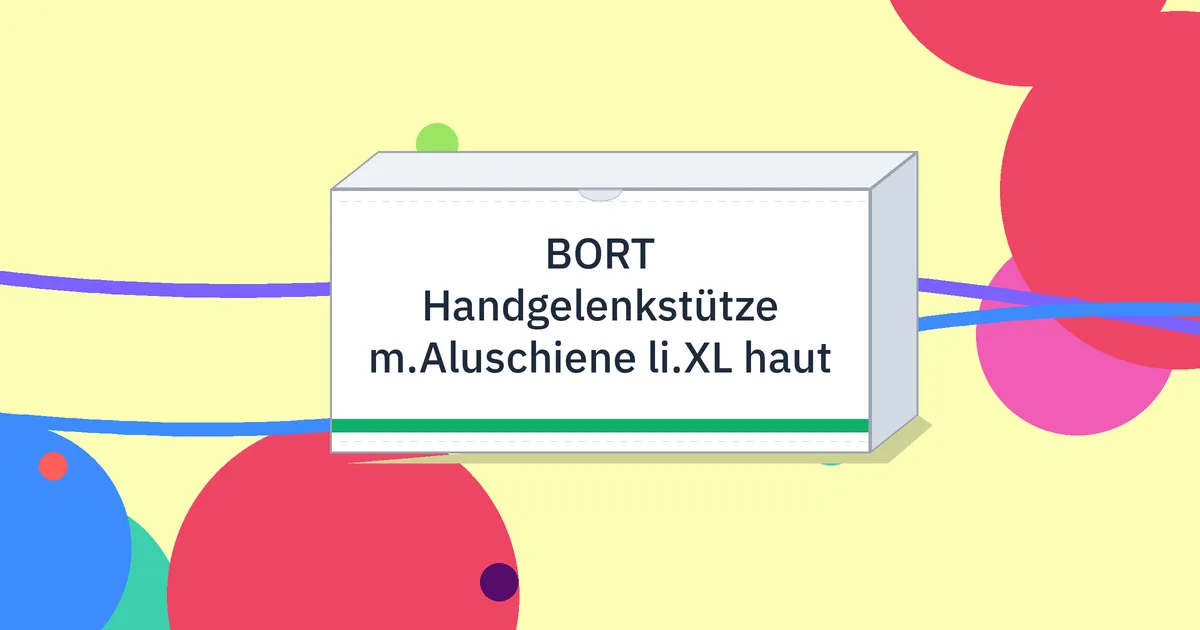 Symbolbild: Packung mit der Aufschrift BORT Handgelenkstütze m.Aluschiene li.XL haut (PZN 03267181) – Verfügbarkeit und Bezug in Apotheken in Frankfurt am Main