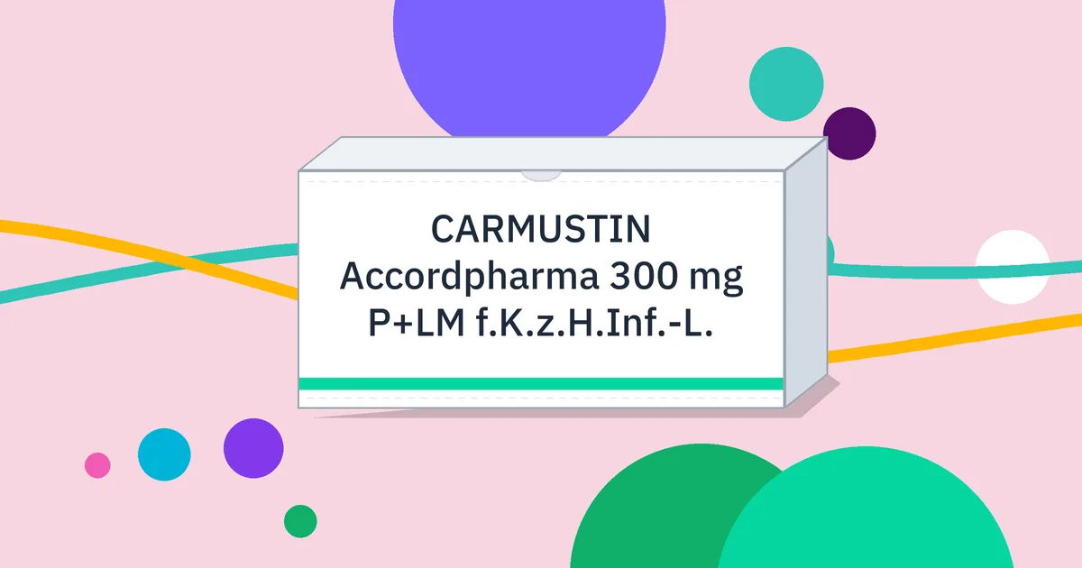 Symbolbild: Packung mit der Aufschrift CARMUSTIN Accordpharma 300 mg P+LM f.K.z.H.Inf.-L. (PZN 17585341) – Verfügbarkeit und Bezug in Apotheken in Frankfurt am Main